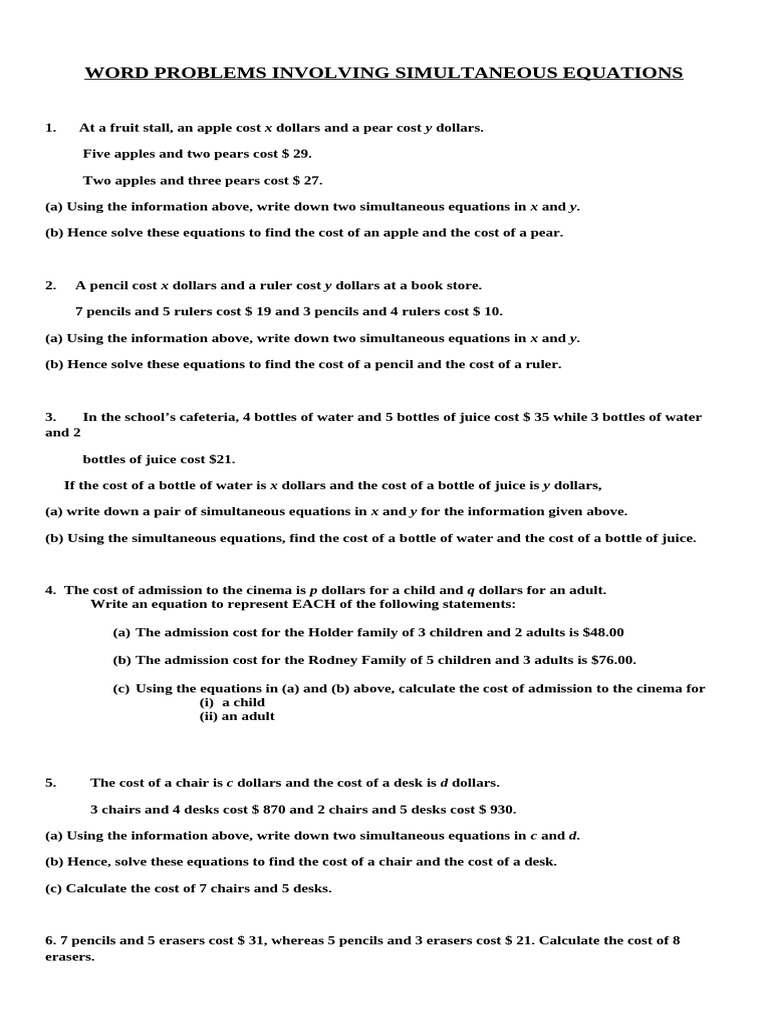 Word Problems Involving Simultaneous Equations | PDF