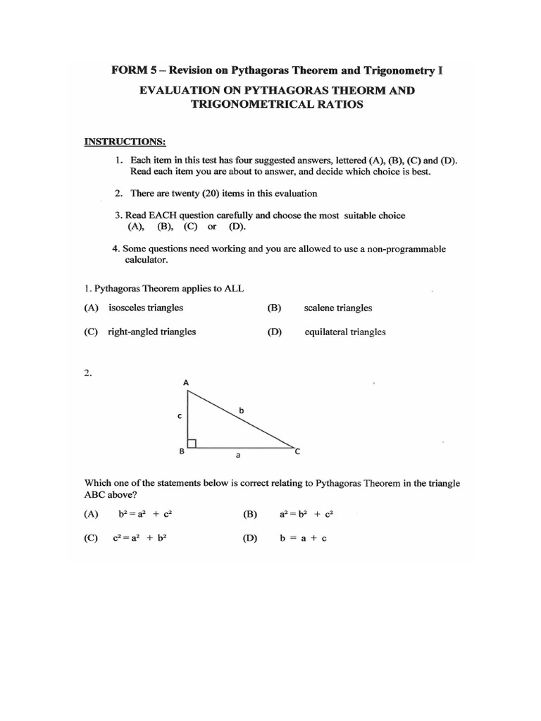 REVSION ON PYTHAGORAS THEOREM AND TRIG. RATIO 1 Form 3 | PDF