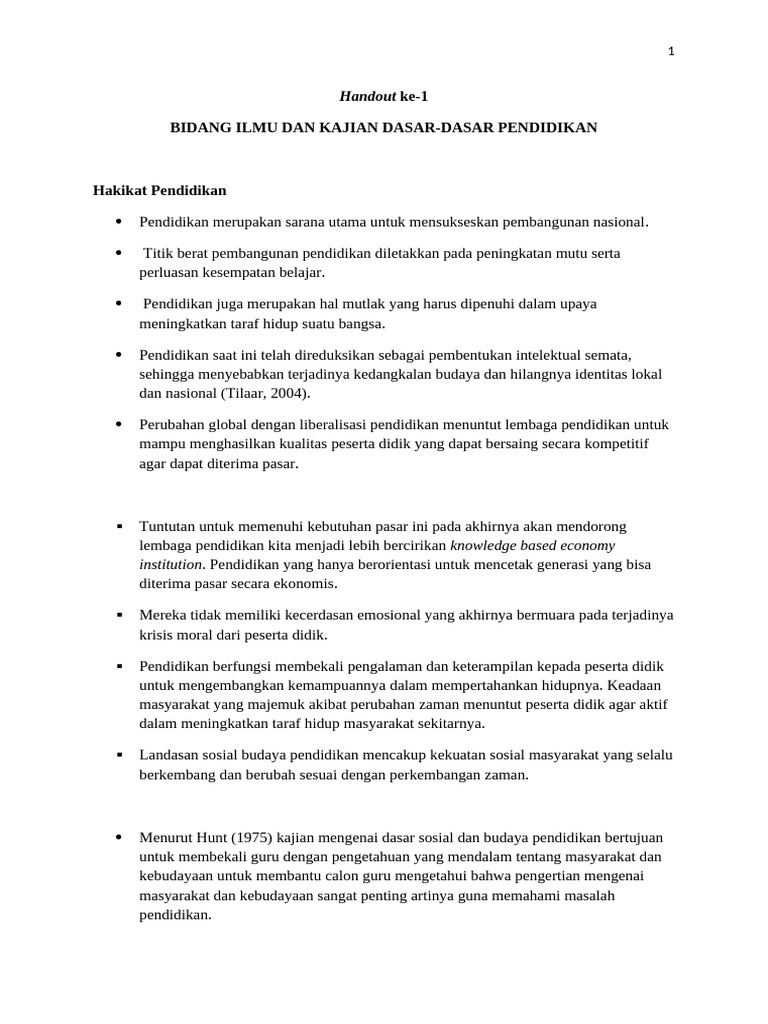 Handout ke-1 Bidang Ilmu dan Kajian Dasar-dasar Pendidikan | PDF