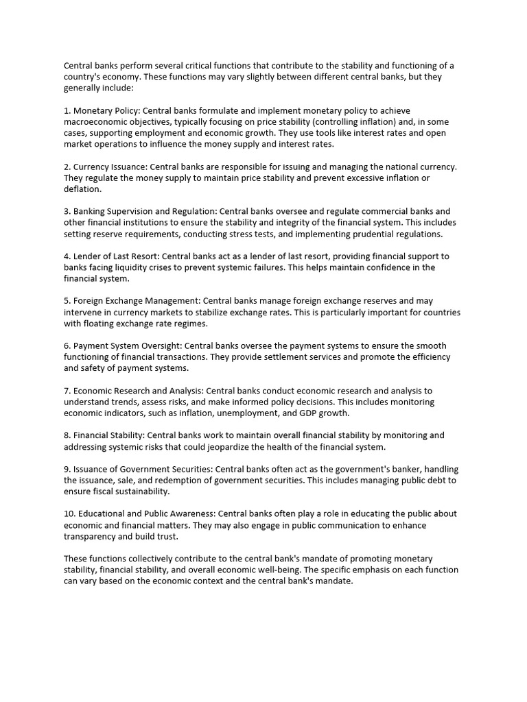 Key Functions of Central Banks Explained | PDF | Central Banks ...