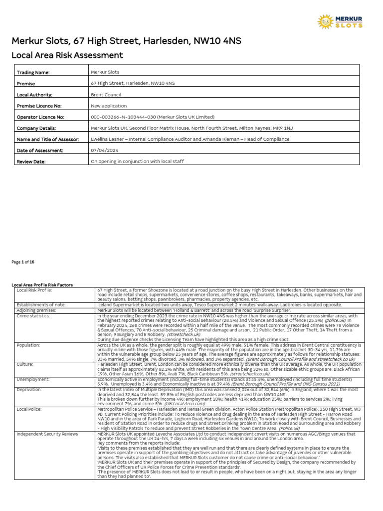 Local Area Risk Assessment Report | PDF | Crimes | Crime & Violence