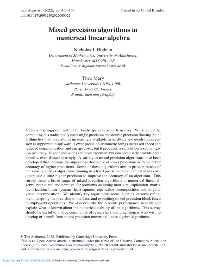 Mixed precision algorithms in numerical linear algebra | PDF | Algebra | Arithmetic