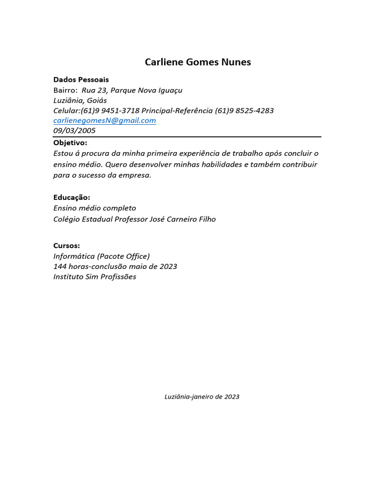 Currículo Carliene Gomes | PDF