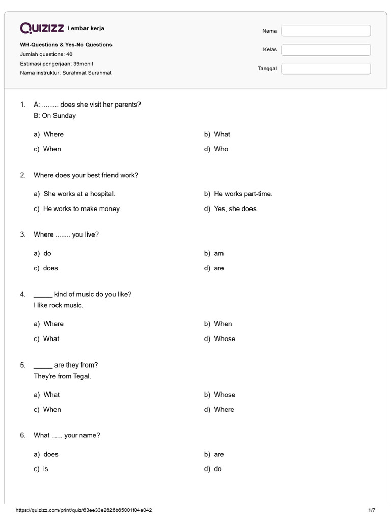 WH-Questions & Yes-No Questions Worksheet | PDF