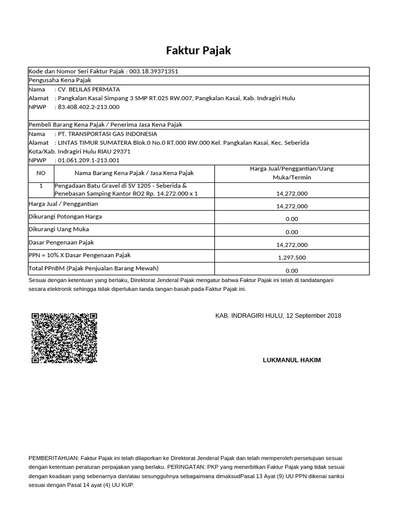 Faktur Pajak CV. Belilas Permata 2018 | PDF