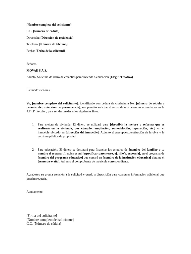 Modelo de Carta para Retiro de Cesantias | PDF