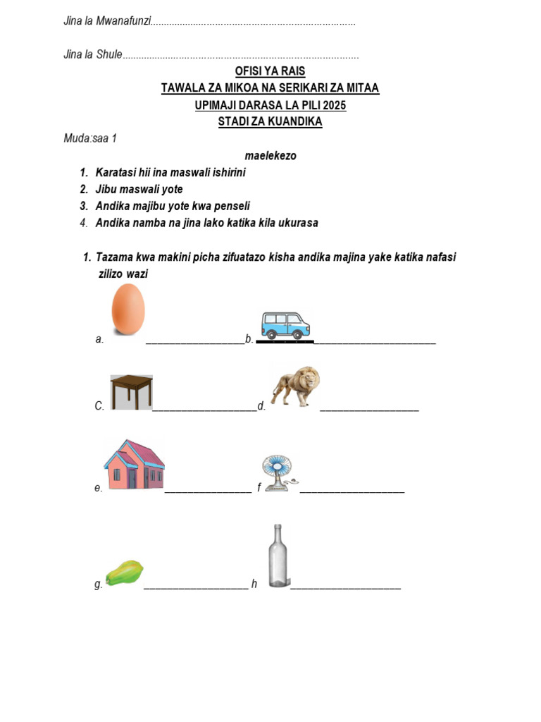 Mtihani Wa Upimaji Stadi Za Kuandika | PDF