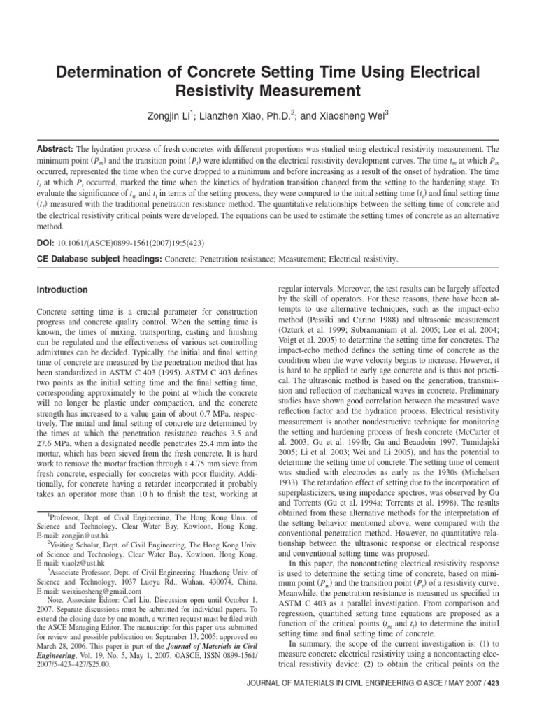 Determination of Concrete Setting Time Using Electrical | PDF ...