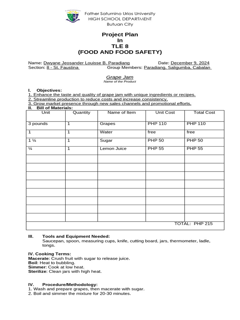 PROJECT-PLAN (1) | PDF | Fruit Preserves | Cooking