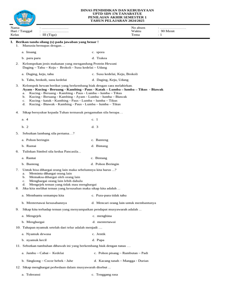 SOAL & Jawaban PAS KLS 3 TEMA 1 Ver. 1 - WEBSITE WWW - Kherysuryawan.id | PDF