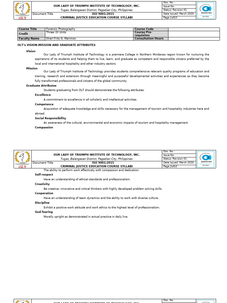 MARIMON SYLLABUS PHOTOGRAPHY | PDF | Crime Scene | Detention (Imprisonment)