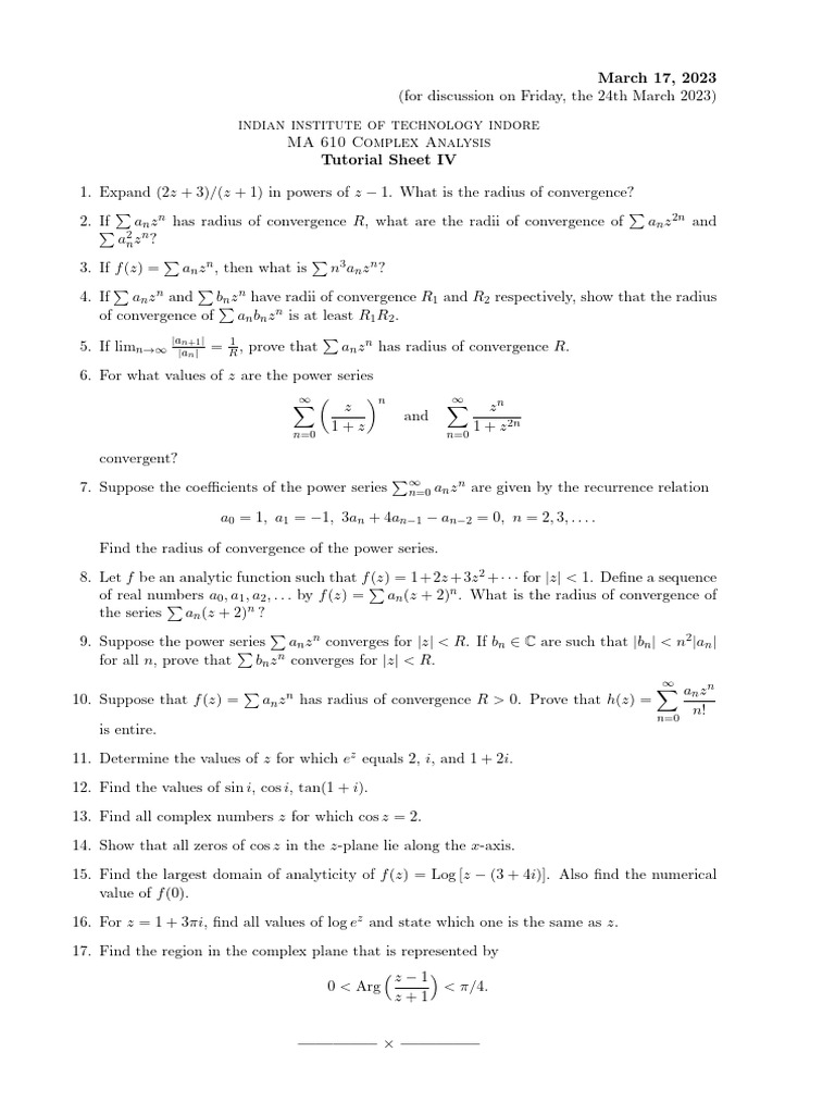 Complex Analysis Tutorial Sheet IV | PDF | Power Series | Mathematics