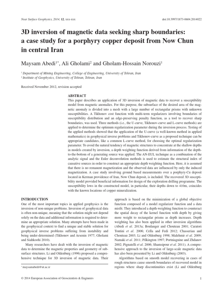 3D Inversion of Magnetic Data Seeking Sharp Boundaries A Case Study For A Porphyry Copper ...
