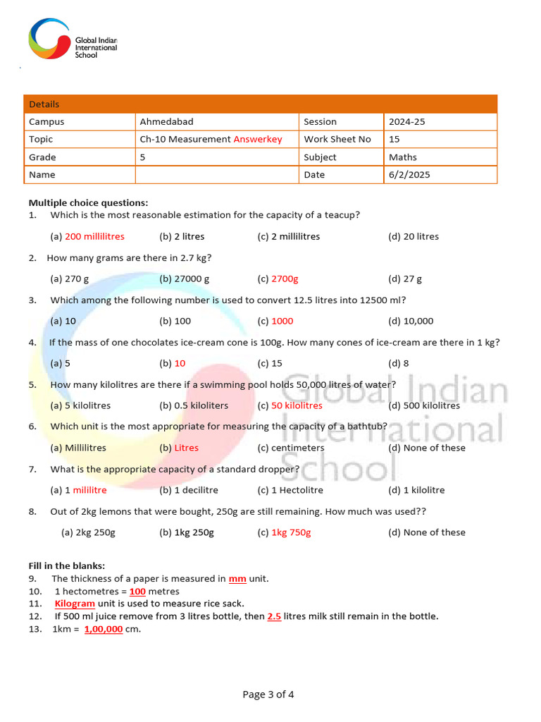 2024-25 G - 5 CH - 10 - Measurement - Answerkey | PDF | Litre | Metrology