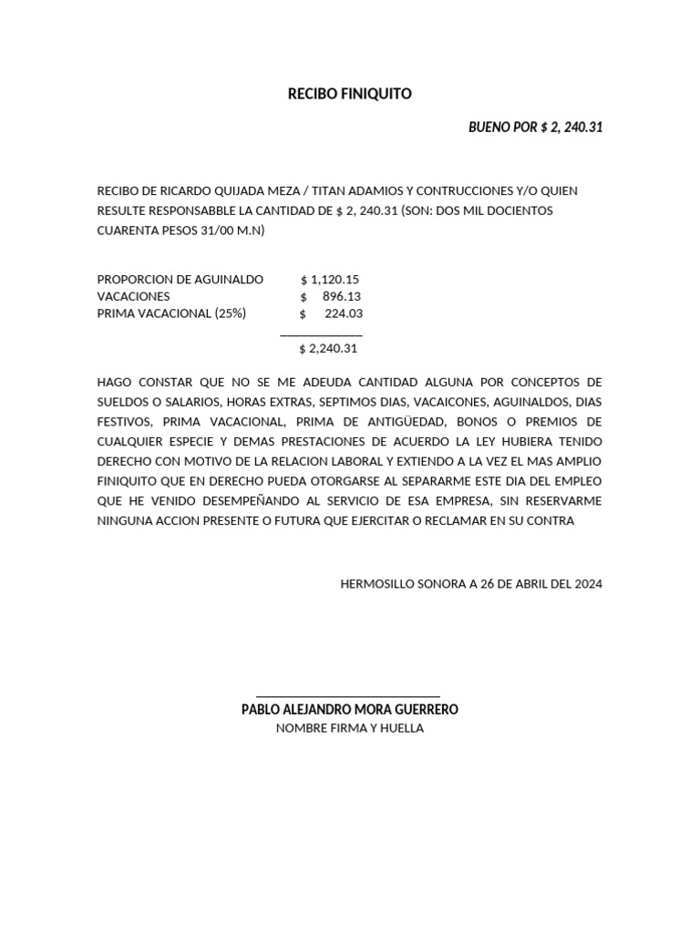 Recibo Finiquito | PDF