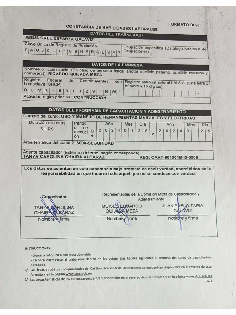 DC3 - Jesus Gael Esparza Galaviz - Uso y Manejo Herramientas Manuales y ...