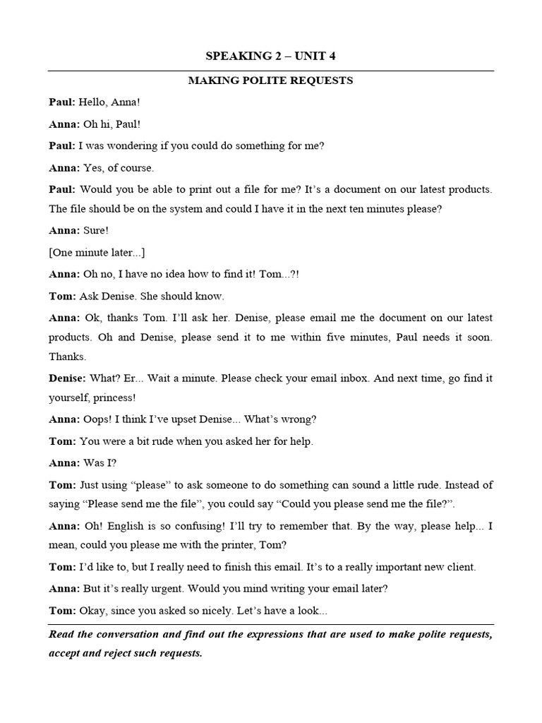 Speaking 2 - Unit 4 - Making Polite Requests | PDF
