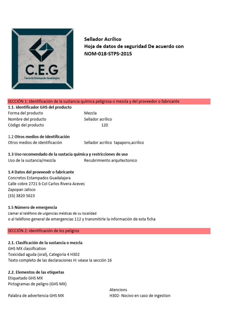 HDS - Sellador Acrilico Ceg | PDF | Primeros auxilios