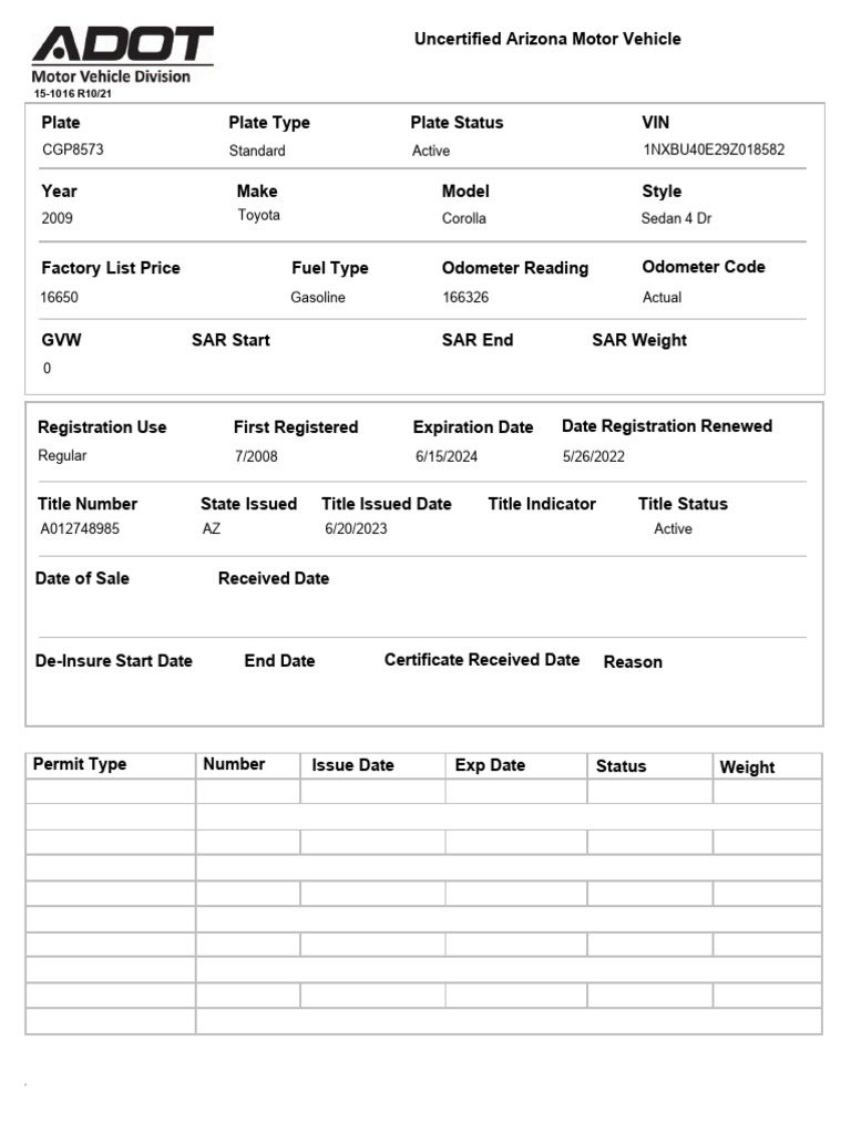 Arizona Vehicle Registration Details | PDF