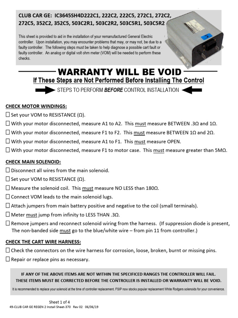 Club Car GE Regen 2 Installation Guide | PDF | Voltage | Electrical ...
