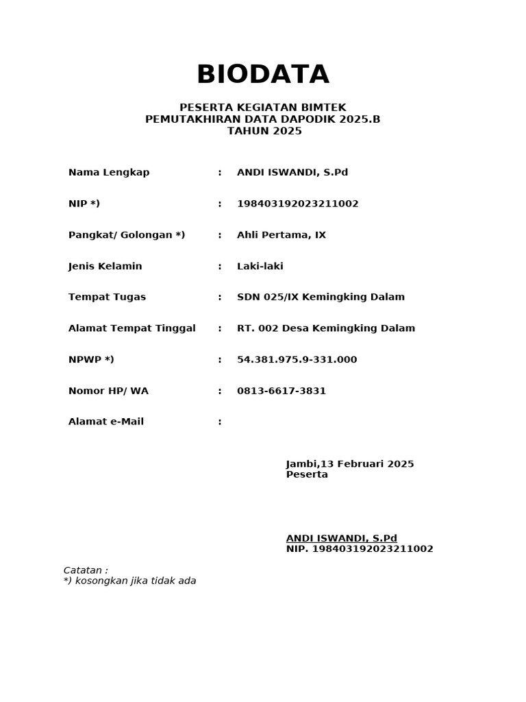 Biodata Pelatihan | PDF