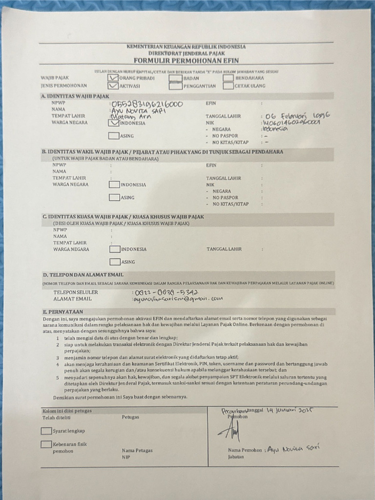 Isian Formulir Permohonan Efin Ayu | PDF