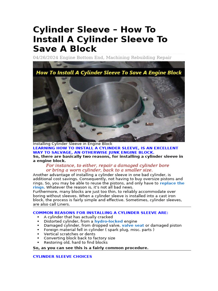 Cylinder Sleeve - How To Install A Cylinder Sleeve To Save A Block ...