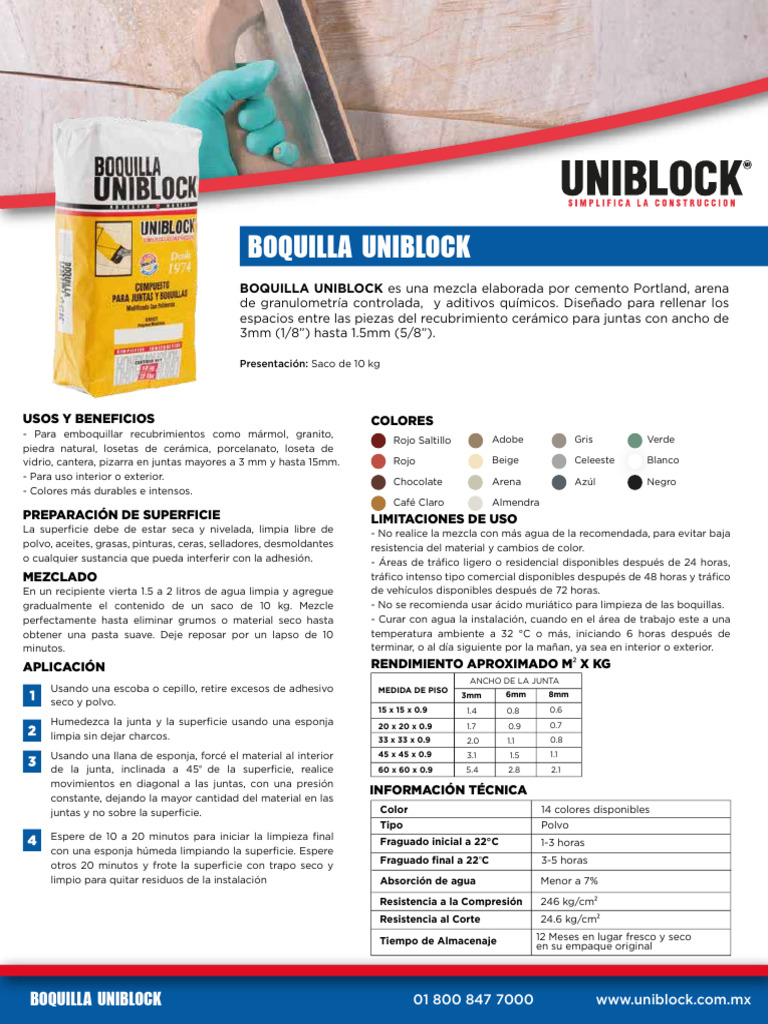 Boquilla Uniblock: Guía de Uso y Aplicación | PDF | Agua | Cemento