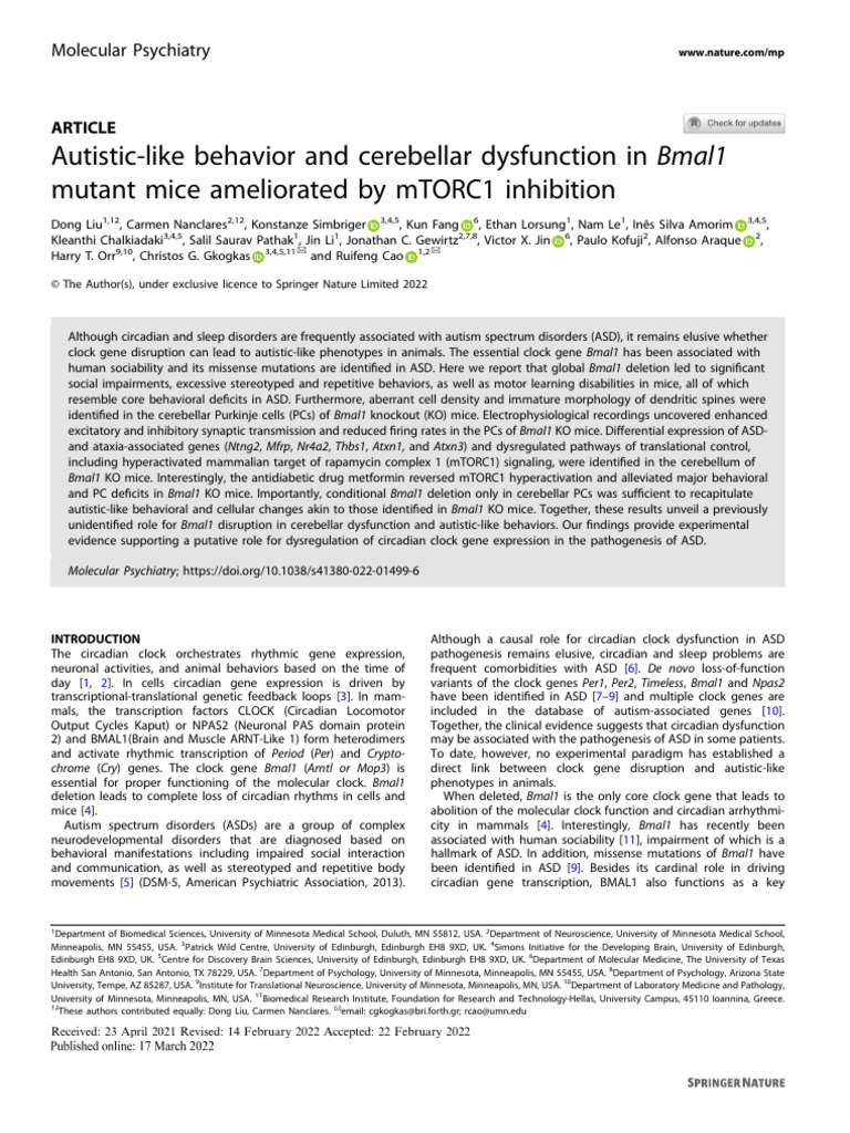 Autistic-Like Behavior and Cerebellar Dysfunction in Bmal1 Mutant Mice ...