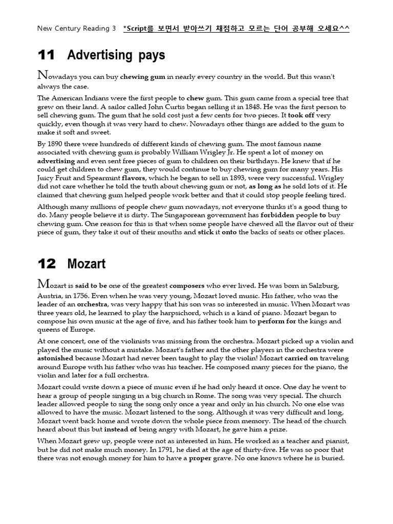 New Century Readings 3 Unit 11-12 Script(0) | PDF | Wolfgang Amadeus Mozart