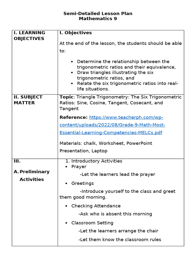 Trigonometric Ratios Lesson Plan for 9th Grade | PDF | Trigonometric ...