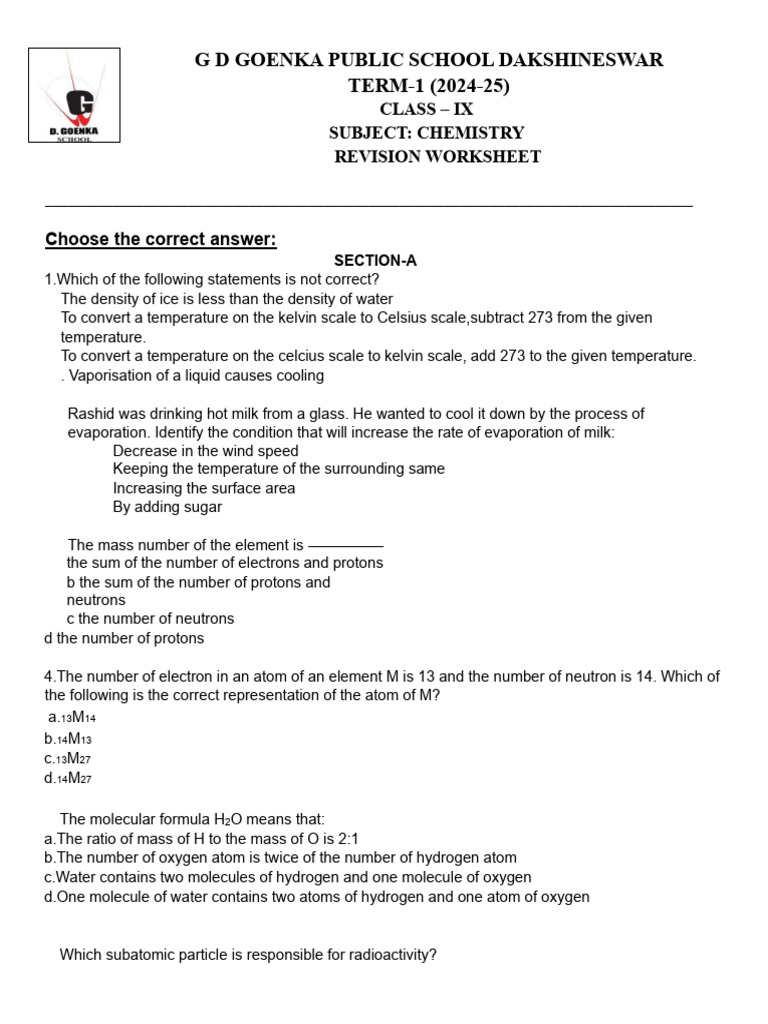 Class 9 - Revision Worksheet - Chemistry | PDF | Atoms | Proton