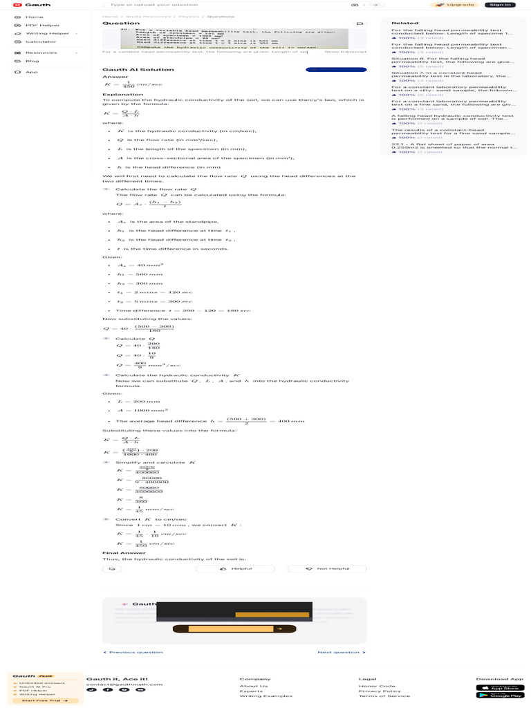 Solved For A Variable Head Permeability Test, The Following Are Given ...