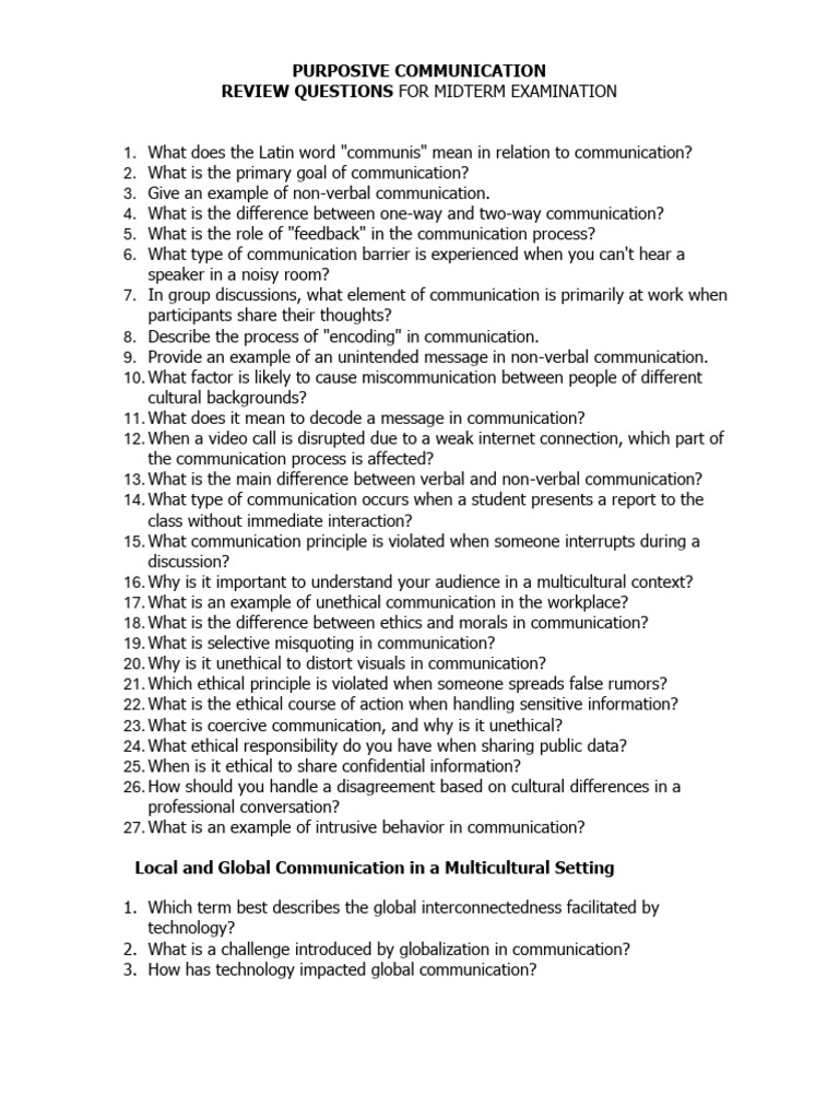PURPOSIVE COM Midterm Exam Review Questions | PDF | Communication ...