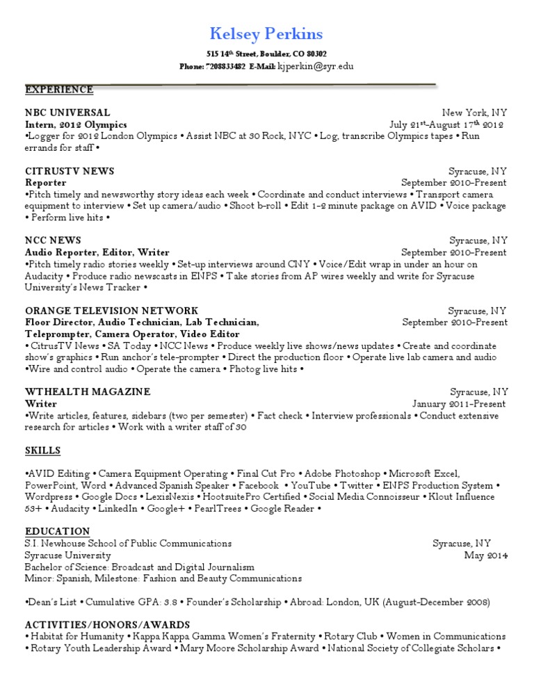 Kelsey Perkins: Broadcast Journalism Resume | PDF