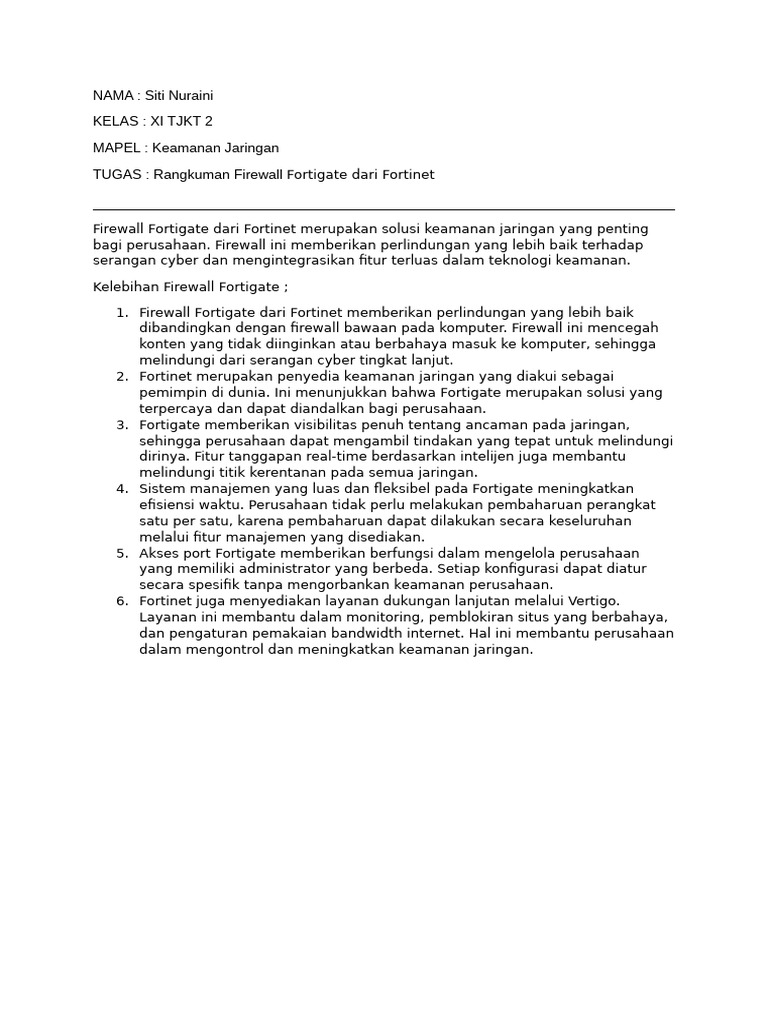RANGKUMAN FIREWALL Fortigate BY SITI NURAINI XI TJKT 2 | PDF