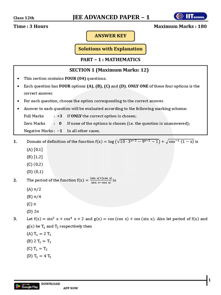 JEE Advanced Paper 1 Mathematics & Physics | PDF | Function ...