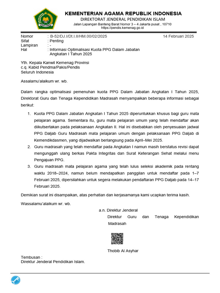 Surat Informasi Optimalisasi Kuota PPG Dalam Jabatan Batch 1 Tahun 2025 - Tte | PDF