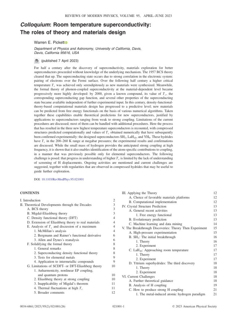 Pickett - 2023 - Colloquium Room Temperature Superconducti | PDF ...