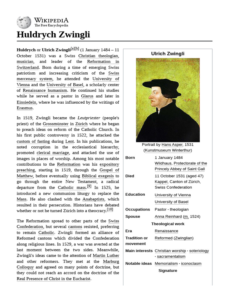 Zwingli: Swiss Reformation Leader | PDF | Martin Luther