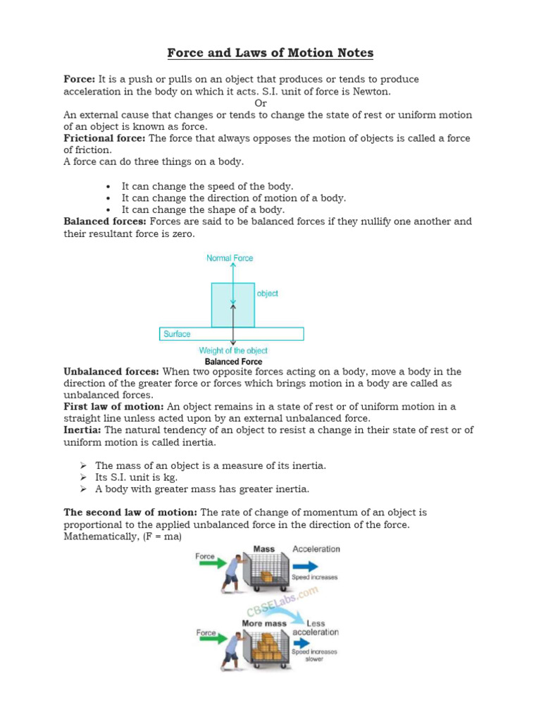 Force and Laws of Motion Notes-1 | PDF | Force | Newton's Laws Of Motion