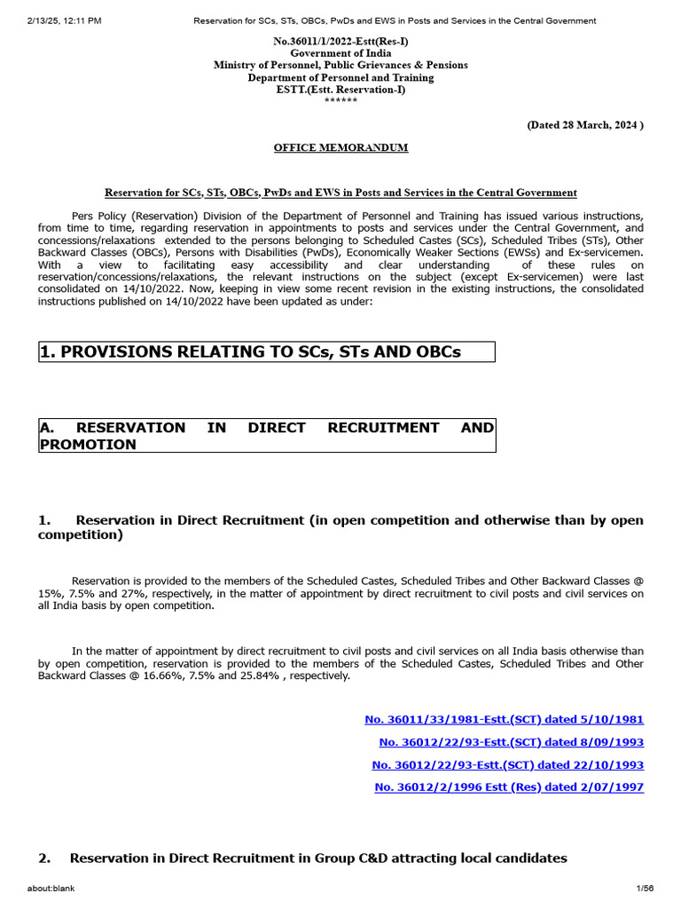 Reservation For SCS, STS, OBCs, PwDs and EWS in Posts and Services in ...