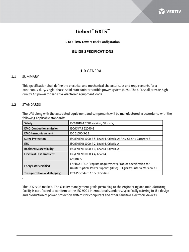 Liebert GXT5 UPS Specifications Guide | PDF | Power Inverter | Mains ...