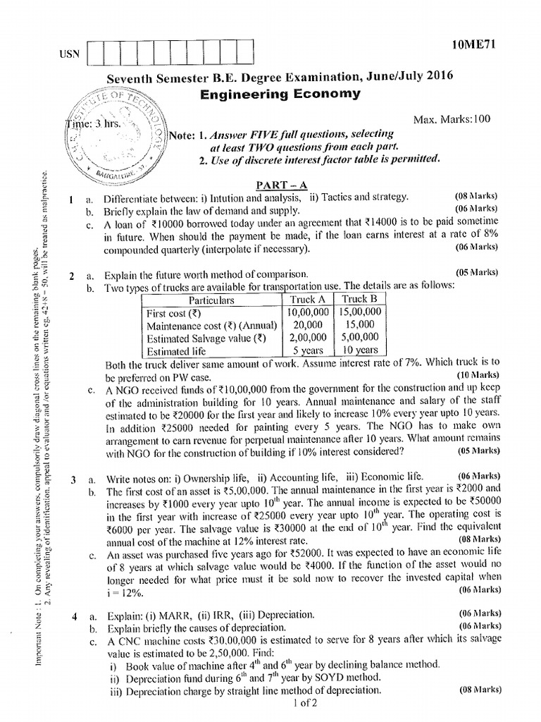 VTU Question Paper of 10ME71 Engineering Economy VII Sem Jun-2016 | PDF