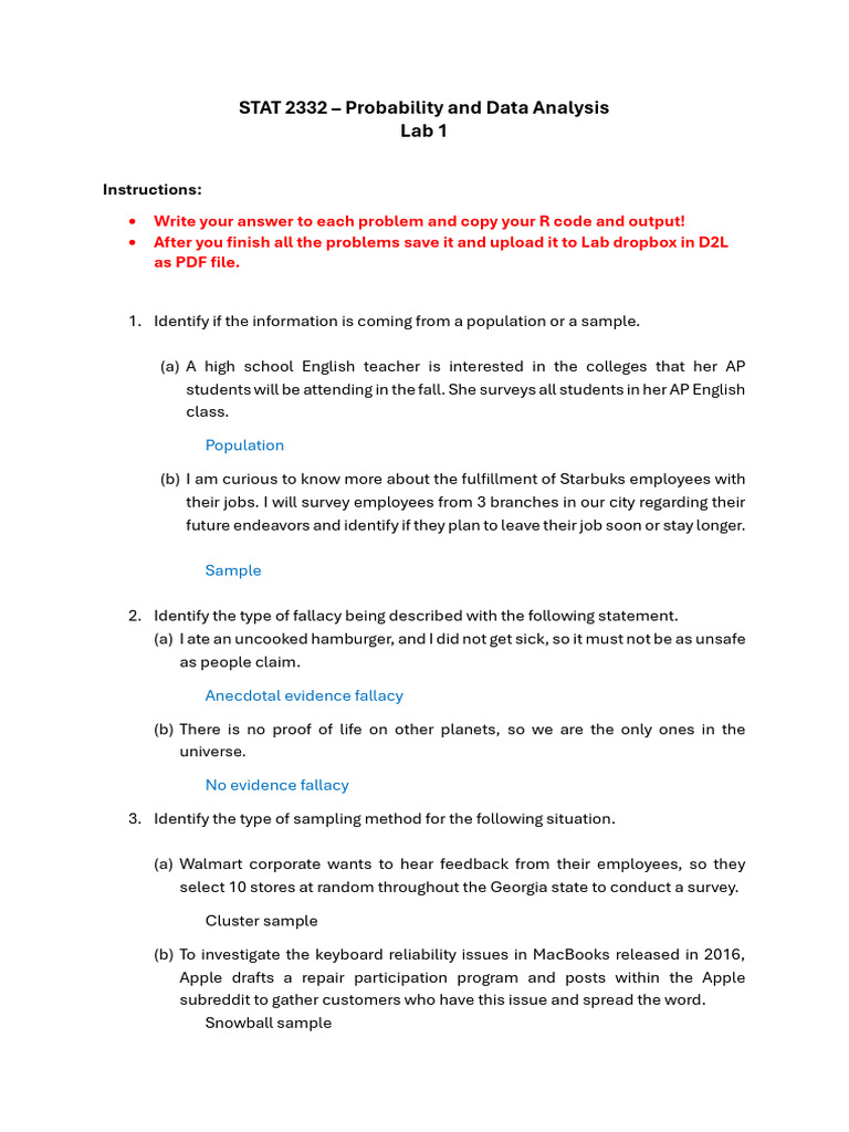 Lab 1 Pdf Sampling Statistics