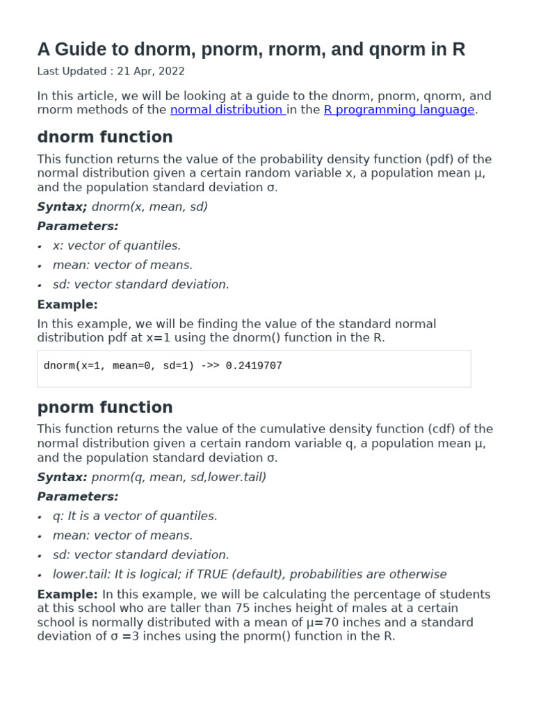 A Guide to dnorm, pnorm, rnorm, and qnorm in R | PDF | Normal Distribution | Standard Deviation