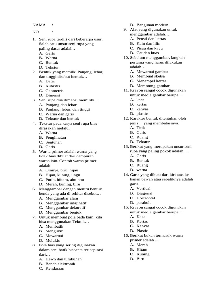 Soal Sts SMT 1 Seni Rupa Kelas 3 | PDF