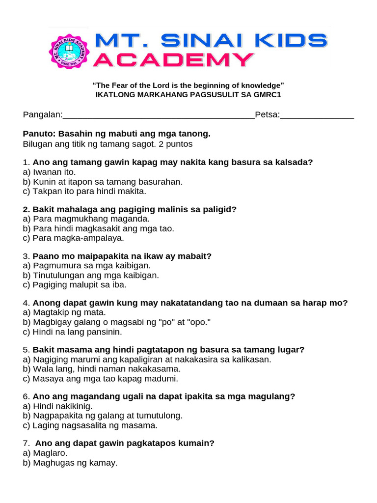 3rd Quarter Exam in GMRC | PDF