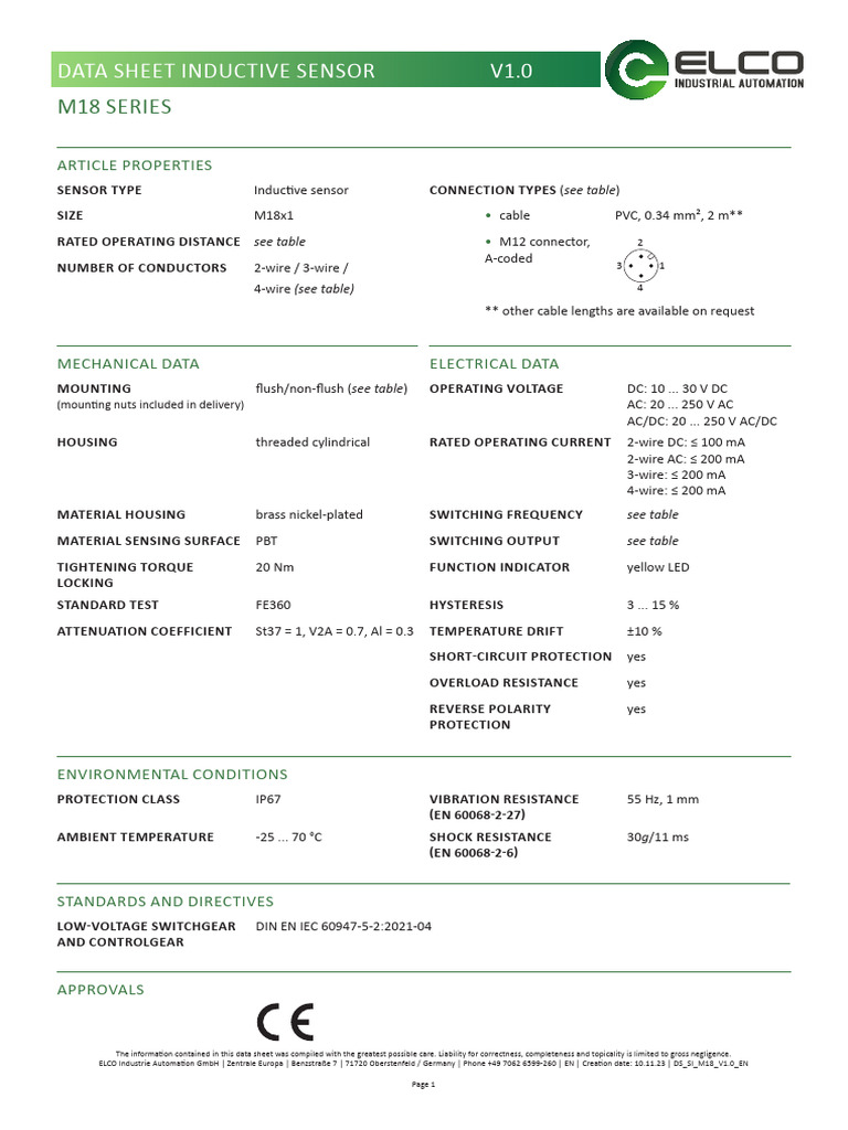M18 Series: Data Sheet Inductive Sensor V1.0 | PDF | Alternating ...