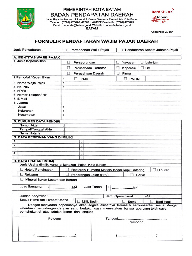 Formulir Pendaftaran Wajib Pajak Daerah | PDF